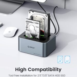 ORICO Hard Drive Docking Station, Aluminum Dual Bay USB C to SATA 3.0 6 Gbps HDD Docking Stations with UASP for 2.5 or 3.5 Inch HDD with 12V 3A Power Supply, 36TB Support, Gray (6626C3)