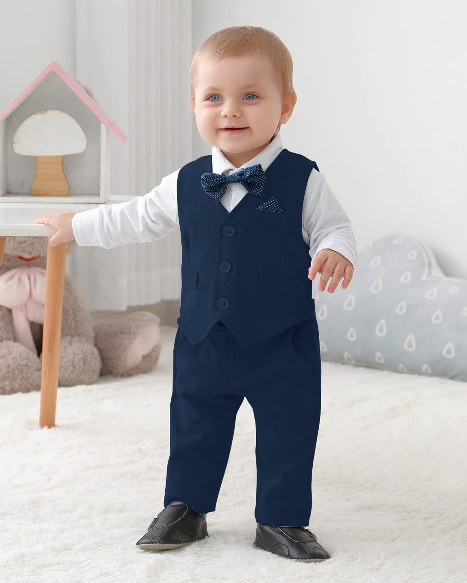 DISAUR Baby Boy Wedding Outfit Long Sleeve Infant White Shirt Dark Blue Plaid Vest Pants Bow Tie Baby Blessing Outfits For Boys 1t 12 18 Months