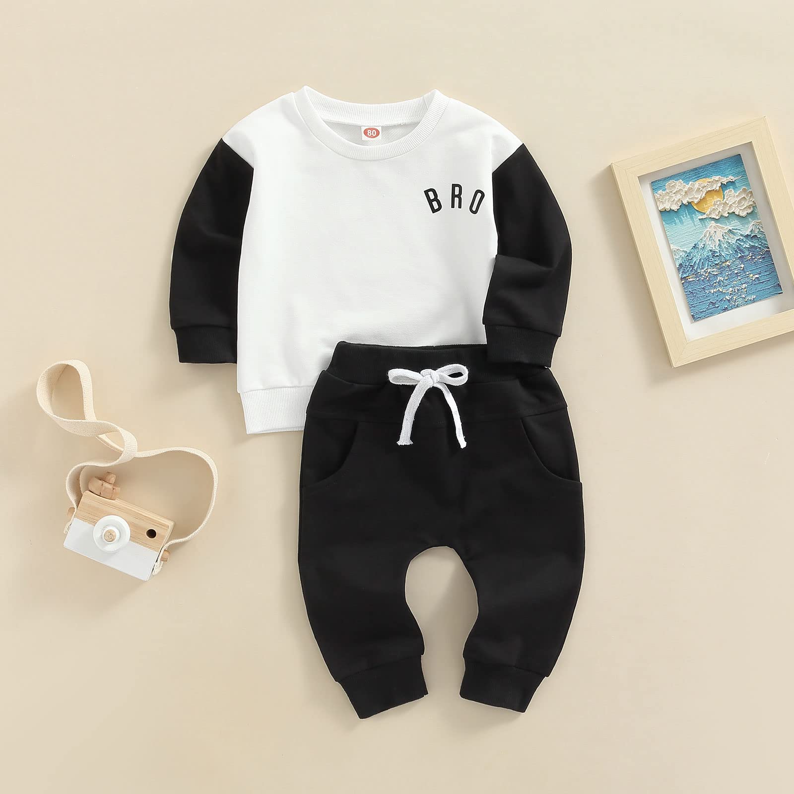 YOKJZJD Infant Toddler Baby Boy Fall Winter Outfits Letter Pullover Sweatshirt Long Sleeve T-Shirt Tops Pants Sweatsuit Clothes Set (Black White, 12-18 Months)