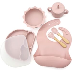 kcmi’s baby-led weaning supplies: silicone feeding set with bibs, suction bowl, divided plate, cup, and self-feeding spoons for babies and toddlers - [pink]