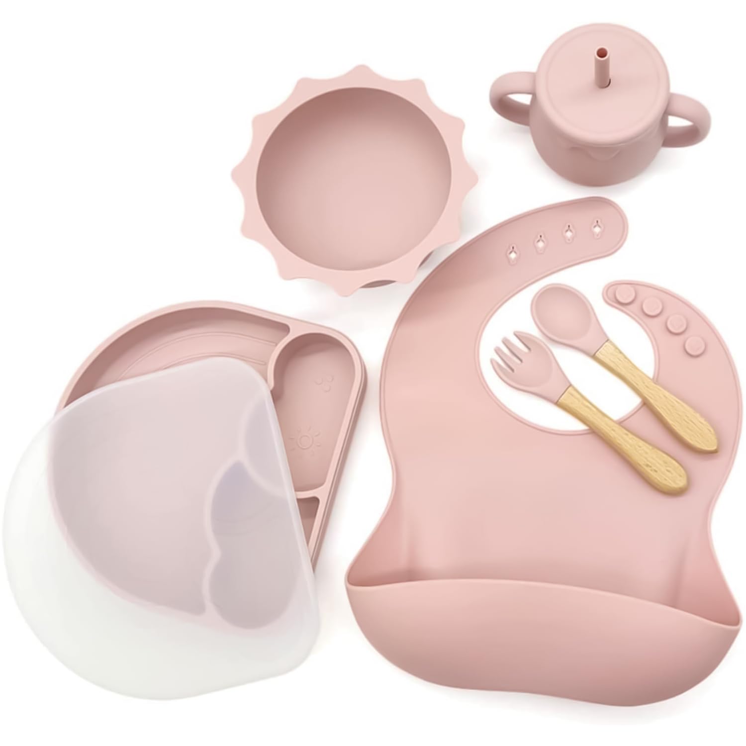 KCMI’s Baby-Led Weaning Supplies: Silicone Feeding Set with Bibs, Suction Bowl, Divided Plate, Cup, and Self-Feeding Spoons for Babies and Toddlers - [Pink]