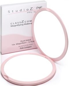 studiozone compact mirror for purses - 10x magnifying - pink compact mirror - perfect magnification for travel - 2-sided - 10x makeup mirror and 1x true view - 4" diameter