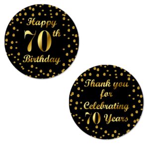 70th birthday round 2 inch big glossy stickers, thank you for celebrating 70 years black and gold labels, great for party favors, decorations, tags, gift bags and supplies. made in usa