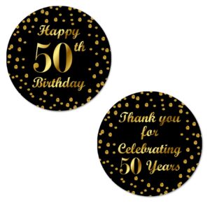 50th birthday round 2 inch big glossy stickers, thank you for celebrating 50 years black and gold labels, great for party favors, decorations, tags, gift bags and supplies. made in usa