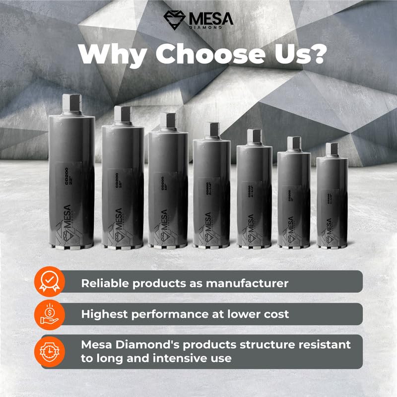 Wet Diamond Drill Core Bits CD200 PRO for Reinforced/Hard Concrete,Hard Aggregate, Brick, and Block (.440” Segment) 1-1/4"-7 Threaded Arbor (3 1/4", 13 inch) | MESA DIAMOND®