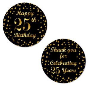 25th birthday round 2 inch big glossy stickers, thank you for celebrating 25 years black and gold labels, great for party favors, decorations, tags, gift bags and supplies. made in usa