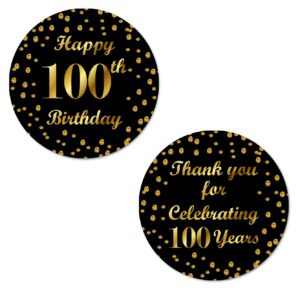 100th birthday round 2 inch big glossy stickers, thank you for celebrating 100 years black and gold labels, great for party favors, decorations, tags, gift bags and supplies. made in usa