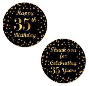 35th birthday round 2 inch big glossy stickers, thank you for celebrating 35 years black and gold labels, great for party favors, decorations, tags, gift bags and supplies. made in usa