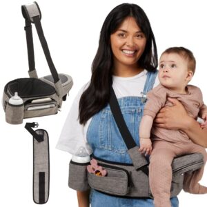 cloud mum inc ergonomic baby hip carrier seat - comfortable & cpc certified, 5 pockets, shoulder support, waist extender and bottle insulator, 7-66 lbs. - perfect for newborns to 36 months (grey)