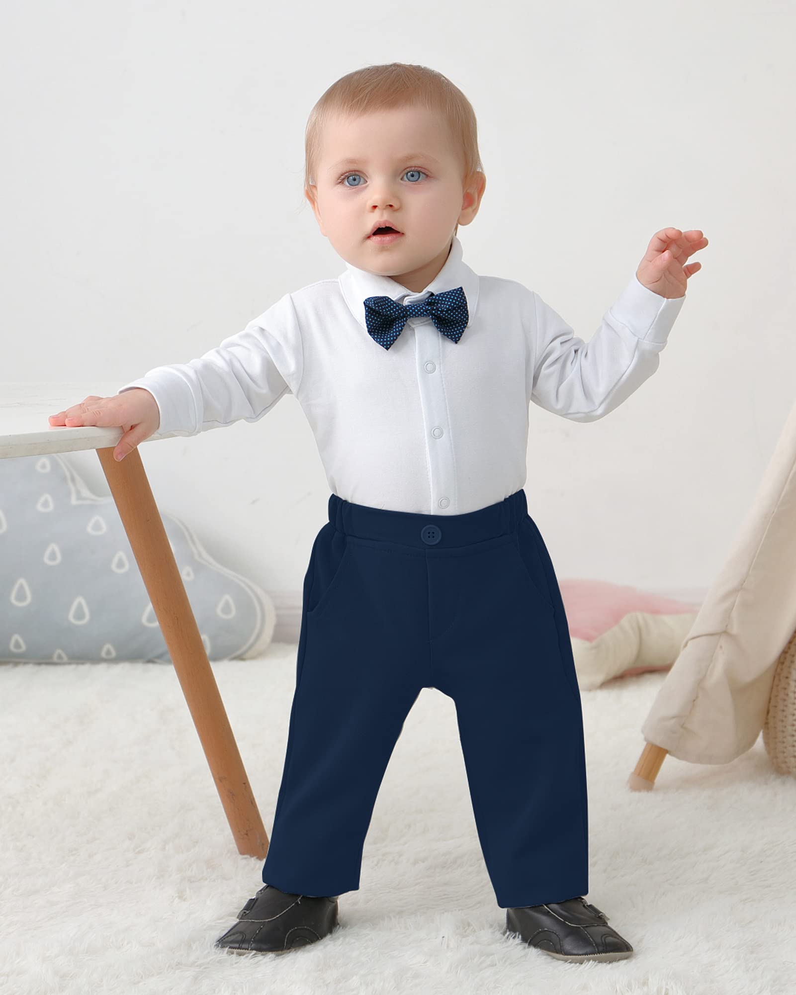 DISAUR Baby Boy Wedding Outfit Long Sleeve Infant White Shirt Dark Blue Plaid Vest Pants Bow Tie Baby Blessing Outfits For Boys 1t 12 18 Months