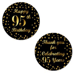 95th birthday round 2 inch big glossy stickers, thank you for celebrating 95 years black and gold labels, great for party favors, decorations, tags, gift bags and supplies. made in usa