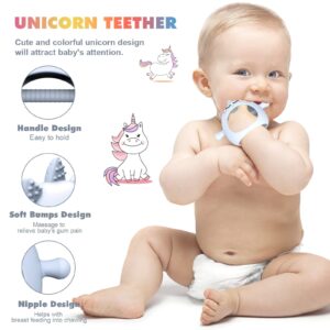 Tinabless Teething Toys (5 Pack) + Unicorn Never Drop Silicone Teether Set for Babies 6-12 Months, Natural Organic Freezer Safe for Infants and Toddlers, Silicone Baby Teethers (Blue)