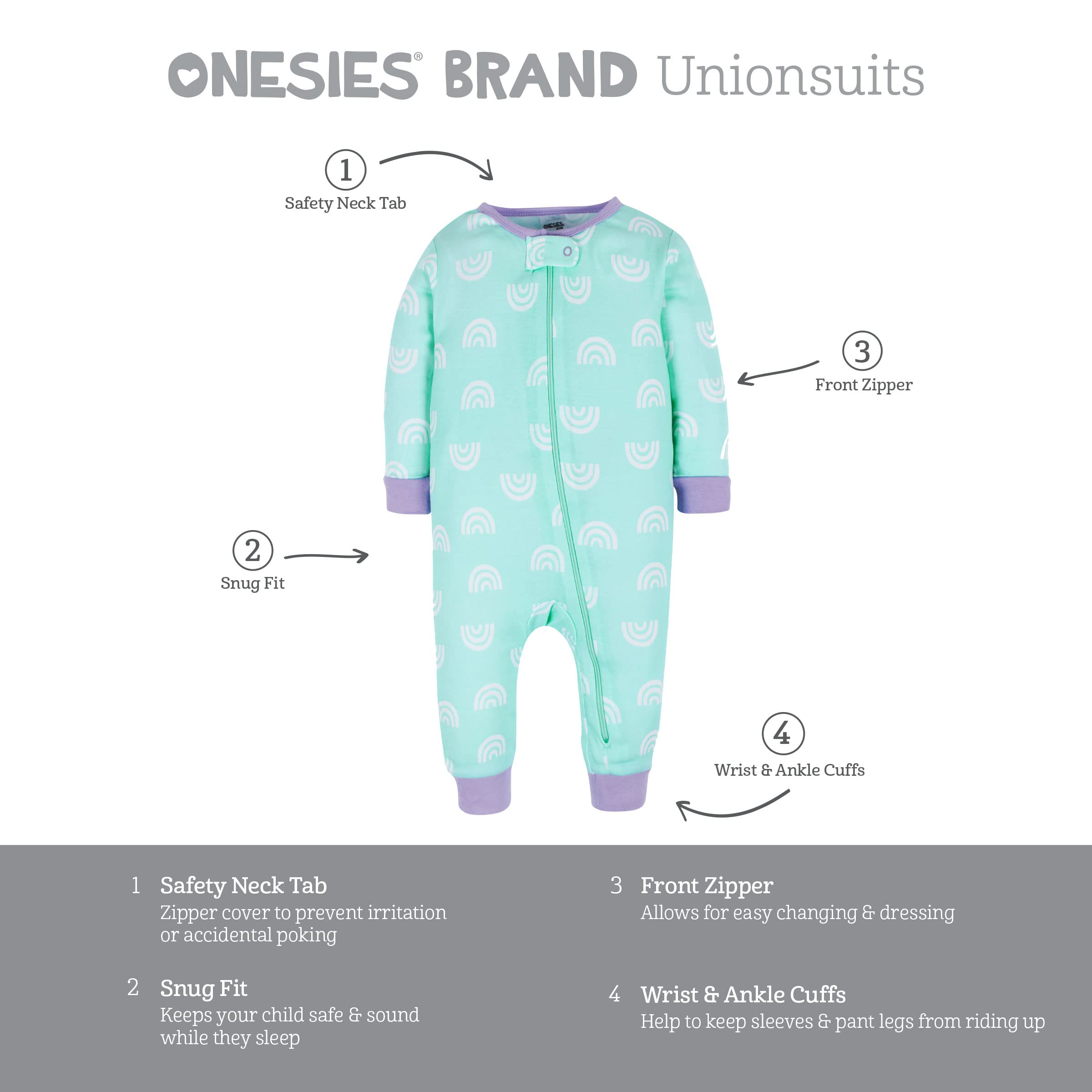 Onesies Brand Baby Girl's 3-Pack Snug Fit One-Piece Cotton Pajamas, Rainbows, 12 Months