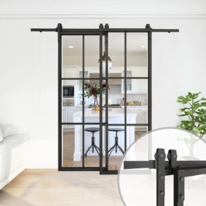 jubest bypass double glass barn door 60 x 84 in with 6.6ft side-mounted hardware kit, 2 sets of 30x84 in clear tempered glass aluminum frame barn door for(fit max opening 55 3/8"), easy assembly