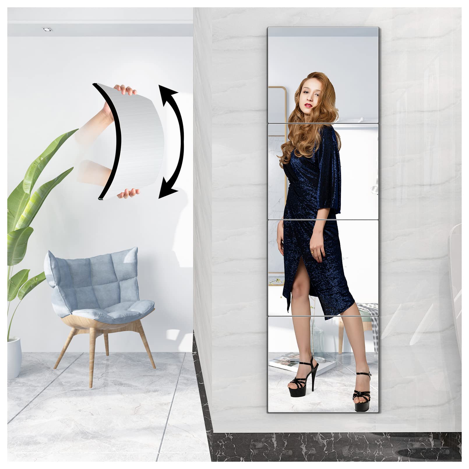 Full Length Wall Mirror Tiles,Glassless Mirror for Kids,Acrylic Extra Thick 1/8",40"x10" 4Pcs 10"x10",Shatterproof Frameless Mirror Wall Stickers.Apply Bedroom,Living Room,Door