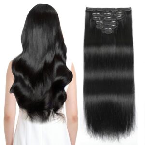 sisily clip in hair extensions real human hair, 140g 7pcs human hair clip in hair extensions jet black, hair extensions real human hair clip ins 16 inch straight double weft