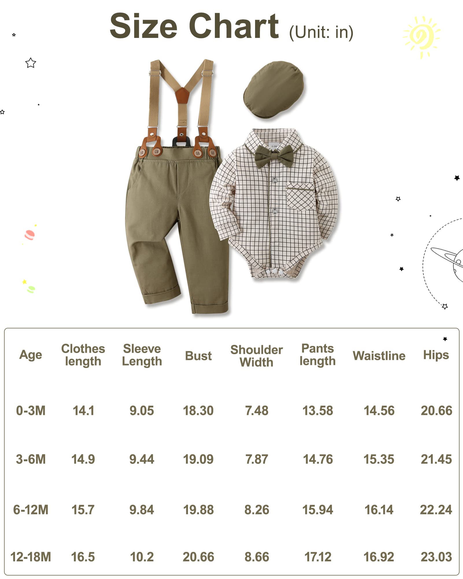 CARETOO Baby Boy Formal Outfits Baby Boy Wedding Outfit Dress Shirt/Bowtie/Suspender Pants Set Green 0-3Months