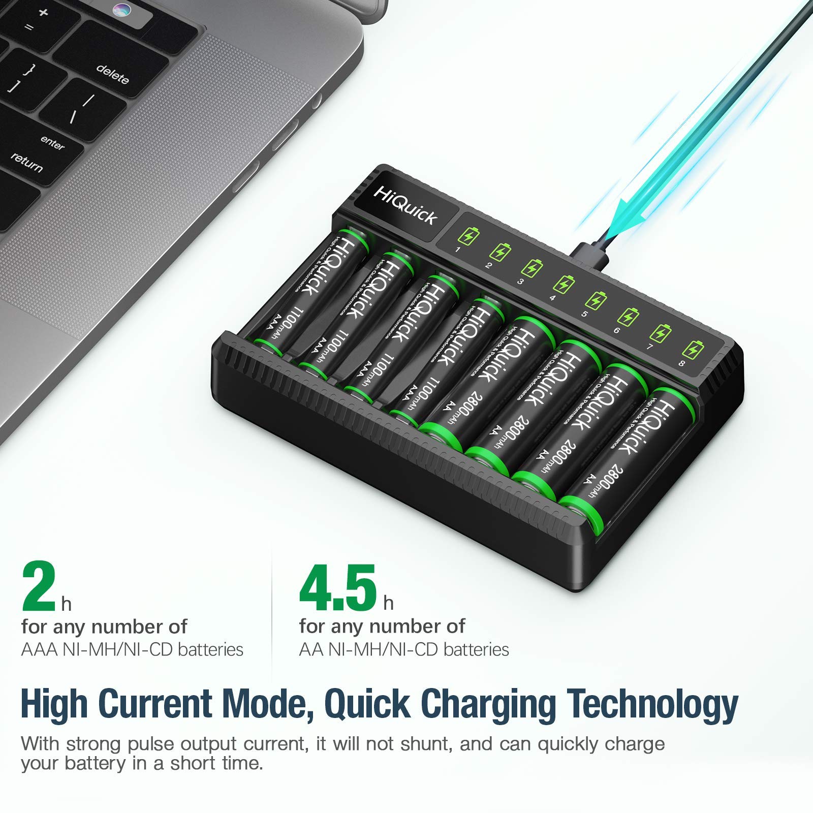 HiQuick 8 Bay Smart Battery Charger with 4AA and 4AAA Battery + 16 Pack AAA Rechargeable Batteries