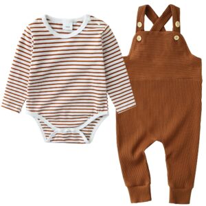 yuemion baby boy clothes 3 6 months newborn infant boy outfits 2pcs stripe top romper pants set overalls toddler boy clothes(brown, 3-6 months)