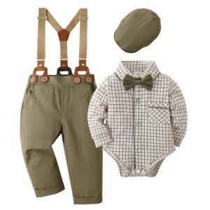 caretoo baby boy formal outfits baby boy wedding outfit dress shirt/bowtie/suspender pants set green 0-3months