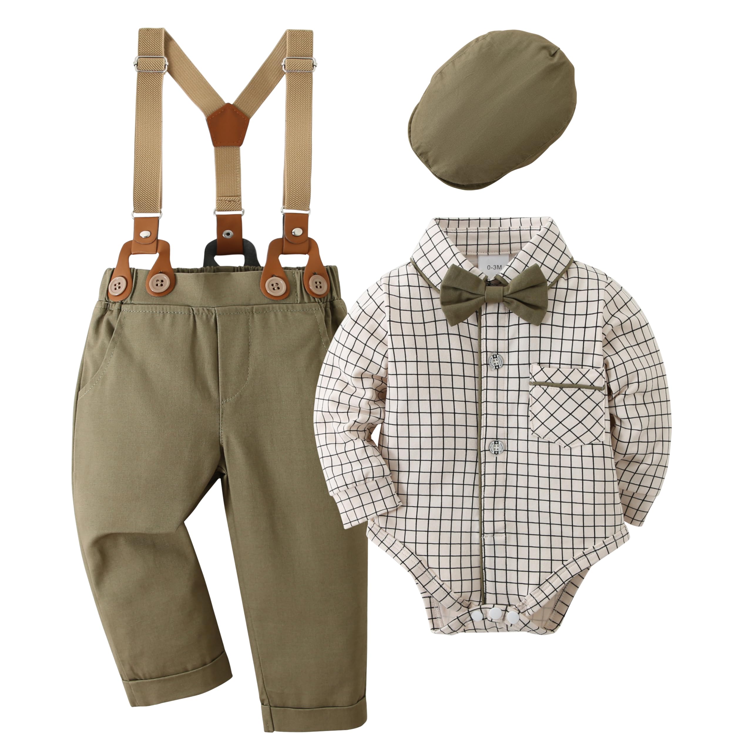 CARETOO Baby Boy Formal Outfits Baby Boy Wedding Outfit Dress Shirt/Bowtie/Suspender Pants Set Green 0-3Months