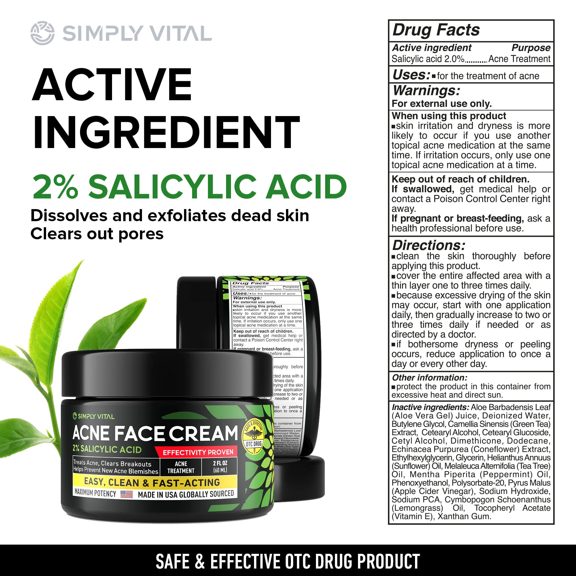 Acne Medication Face Cream - Made in USA Fast Acting Drug Acne Treatment For Stubborn Pimple Blackhead Whitehead Blemish - Soothing Acne Moisturizer for Inflammation Relief & Acne Scar Prevention 2oz