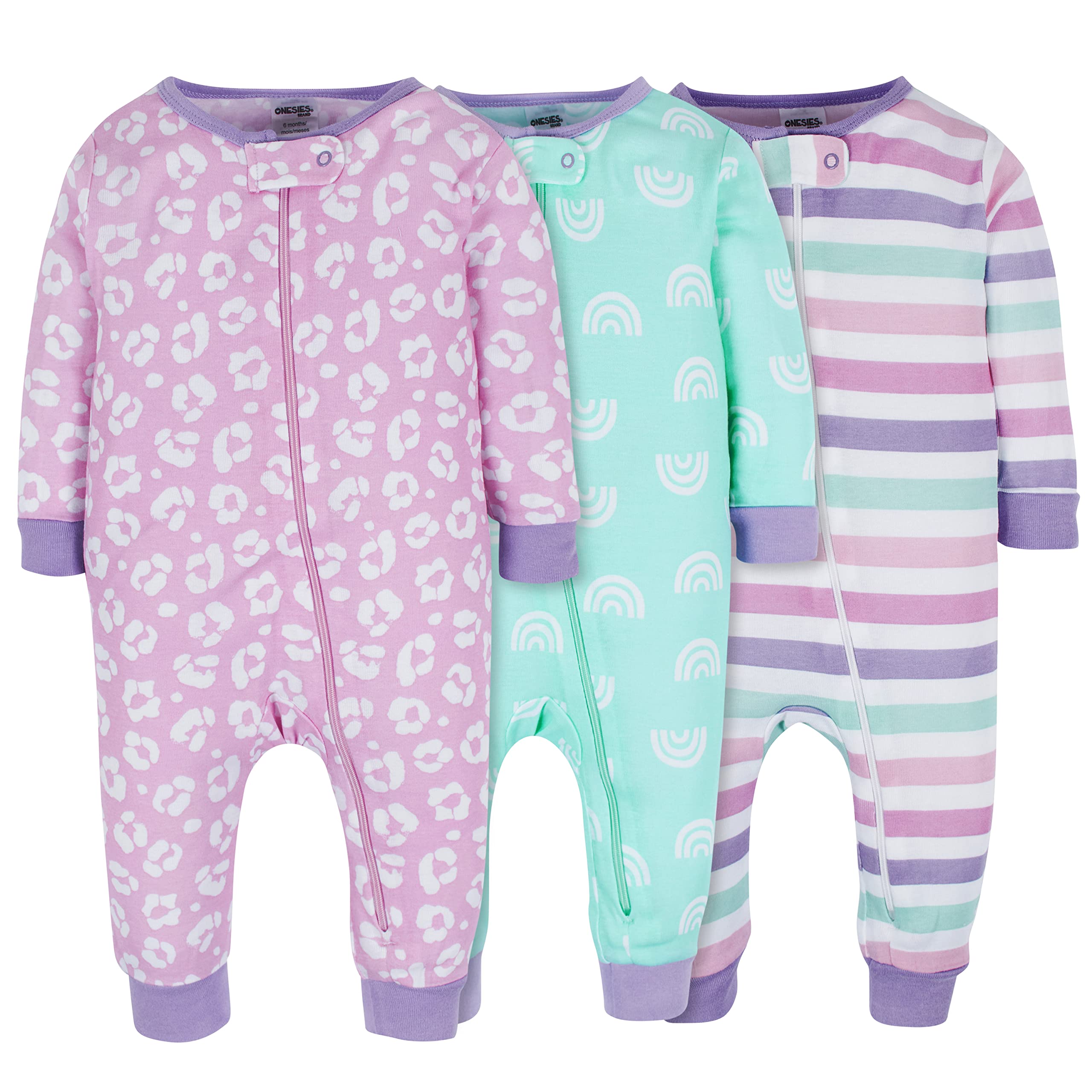 Onesies Brand Baby Girl's 3-Pack Snug Fit One-Piece Cotton Pajamas, Rainbows, 12 Months