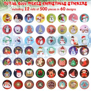 12 Rolls Merry Christmas Stickers Labels Roll 1 Inch 6000 Pcs 12 Designs Christmas Decorative Envelope Seals Stickers Merry Christmas Stickers Roll for Cards Envelopes Boxes, Round