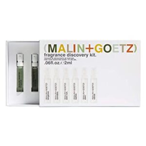 Malin + Goetz Fragrance Discovery Kit, 2 ml Each - Bergamot, Cannabis, Dark Rum, Leather, Strawberry & Vetiver Eau De Parfum - Travel Size Perfume Set, Fragrance Oil Gift Set, Vegan & Cruelty-Free