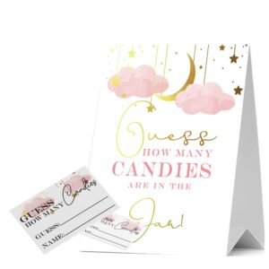 guess how many candies baby shower games, pack of 1 logo and 50 cards, golden star and moon, pink cloud, baby shower signs, baby shower invitation set, bridal shower sign, gender reveal - jrm309