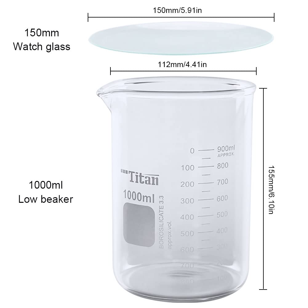 ADAMAS-BETA 1000ml Low Form Glass Beaker with 150mm Watch Glass Beaker Cover for Laboratory,Teaching,Science