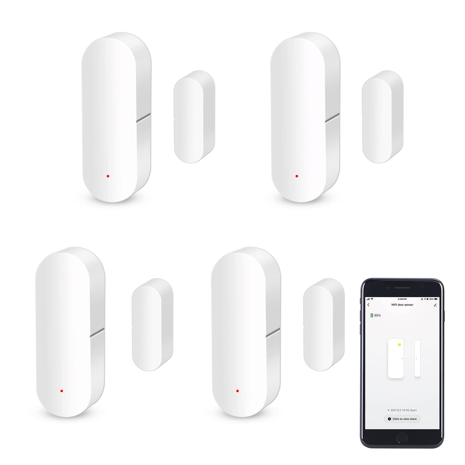 WiFi Door Sensor, Smart Window Contact Sensor Detector for Home Security, Wireless Window Door Sensor Alarm Compatible with Alexa & Google Assistant, No Hub Required (8 AAA Batteries Included) 4 Pack