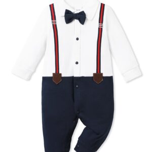 PATPAT Baby Newborn Infant Boys Gender Neutral Long Sleeve Button White Blue Bow Tie Romper Jumpsuit Outfits Clothes Newborn