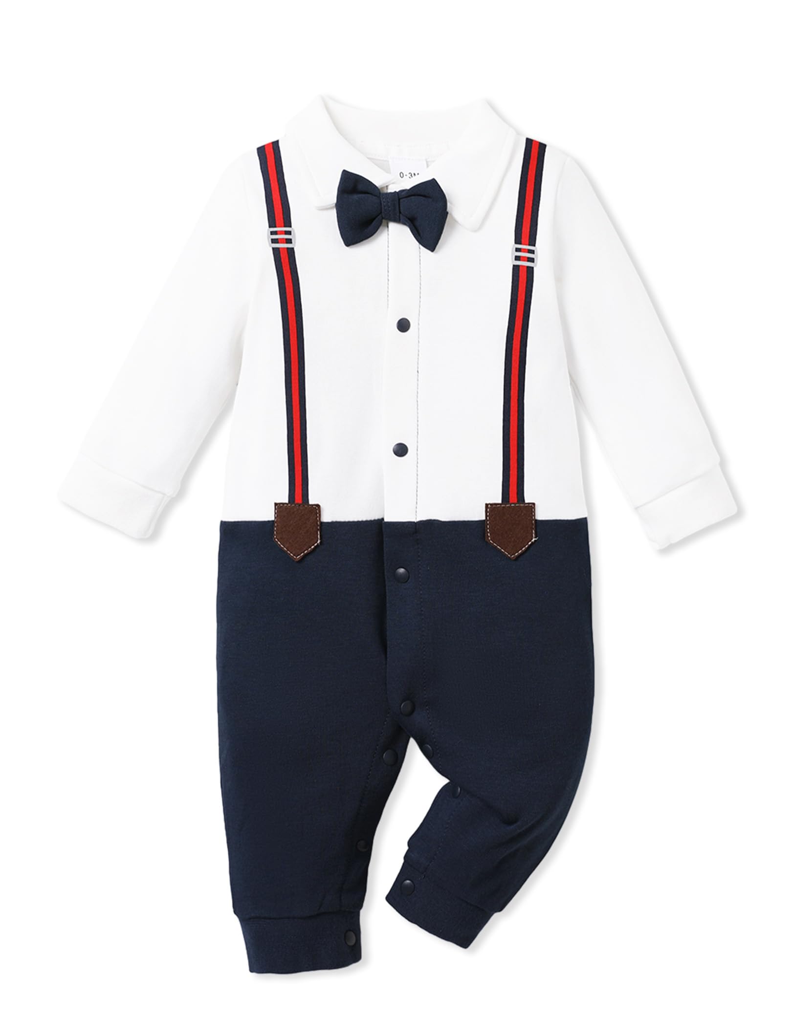 PATPAT Baby Newborn Infant Boys Gender Neutral Long Sleeve Button White Blue Bow Tie Romper Jumpsuit Outfits Clothes Newborn