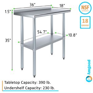 AmGood 18" X 36" Stainless Steel Work Table with 1.5" Backsplash | Metal Kitchen Food Prep Table | NSF