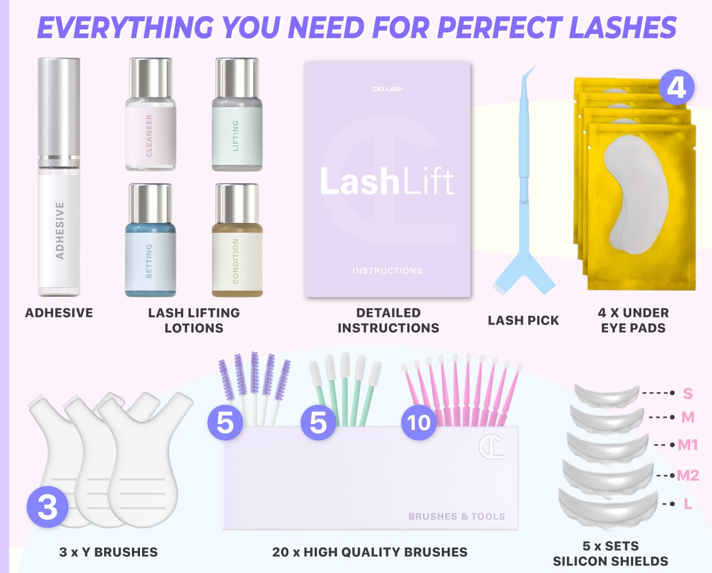 Lash Lift Kit with Keratin by Cici | Instant Perming, Lifting & Curling for Eyelashes | Long Lasting Professional Salon Results for a Supermodel Look | Includes Glue, Supplies and Expert Instructions