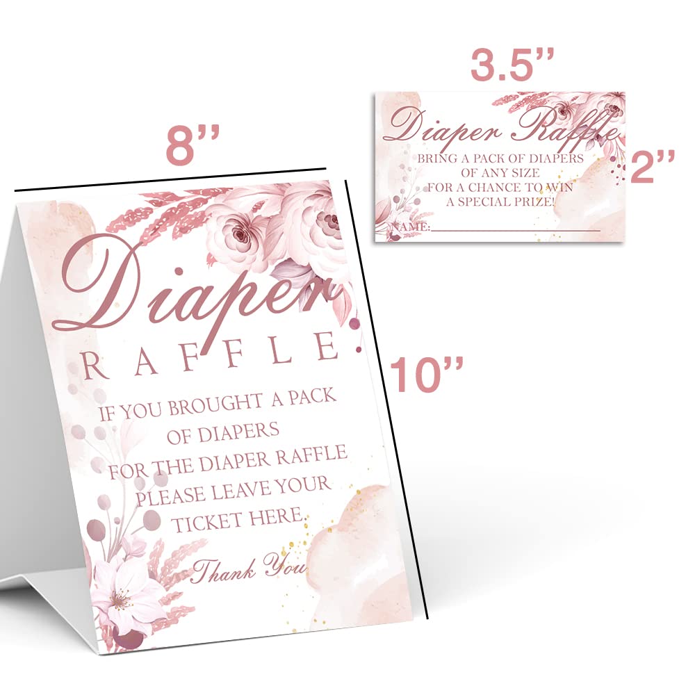 SHIEL-EVEN Baby Shower Diaper Raffle Tickets, Baby Shower Party Gift Game Cards, Pink Rouge Rose, Unisex Boy or Girl, Baby Shower Decorations Set (1 Sign+50 Cards), with a Pack of Diapers - DLM303