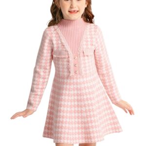 SMILING PINKER Girls Dresses Houndstooth Knitted Sweater Flare Winter Dress Mock Neck (Pink, 8-9 Years)