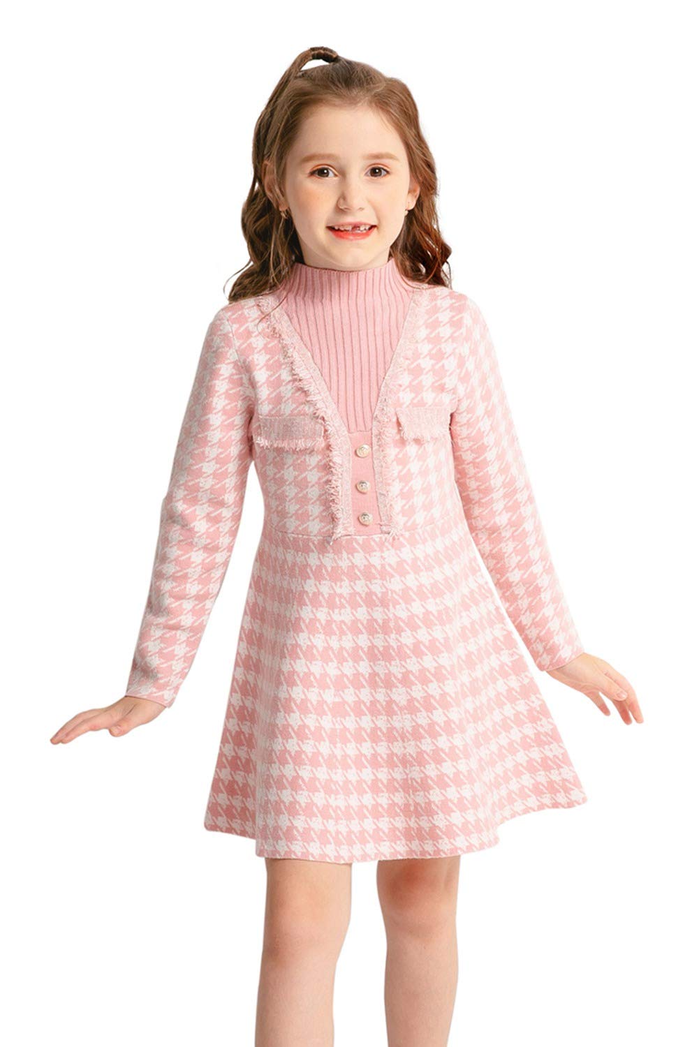 SMILING PINKER Girls Dresses Houndstooth Knitted Sweater Flare Winter Dress Mock Neck (Pink, 8-9 Years)