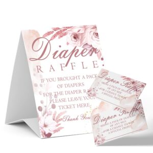 shiel-even baby shower diaper raffle tickets, baby shower party gift game cards, pink rouge rose, unisex boy or girl, baby shower decorations set (1 sign+50 cards), with a pack of diapers - dlm303