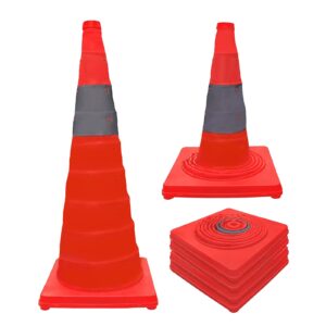 4 pack collapsible traffic cones, 28 inch road parking orange safety cones, multi-purpose construction cones with reflective strips and stable base, perfect for driving training & remind people