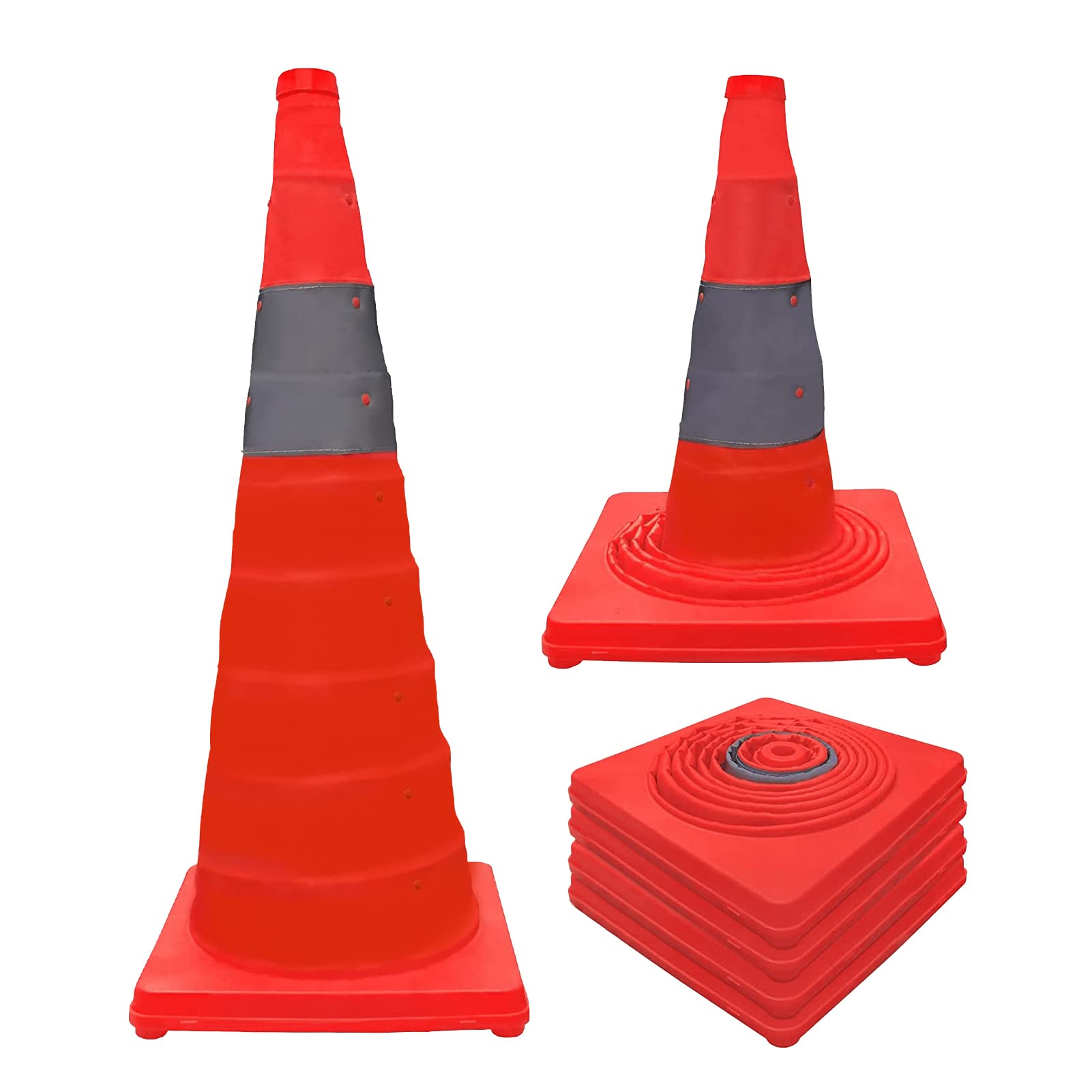 4 Pack Collapsible Traffic Cones, 28 Inch Road Parking Orange Safety Cones, Multi-Purpose Construction Cones with Reflective Strips and Stable Base, Perfect for Driving Training & Remind People