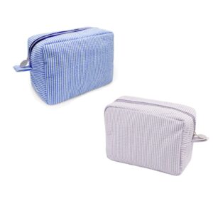 seersucker cosmetic bag, large makeup pouch travel toiletry case with zipper closure seersucker cosmetic organizer for women girls