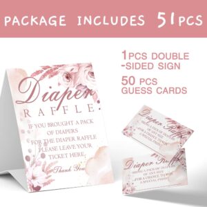 SHIEL-EVEN Baby Shower Diaper Raffle Tickets, Baby Shower Party Gift Game Cards, Pink Rouge Rose, Unisex Boy or Girl, Baby Shower Decorations Set (1 Sign+50 Cards), with a Pack of Diapers - DLM303