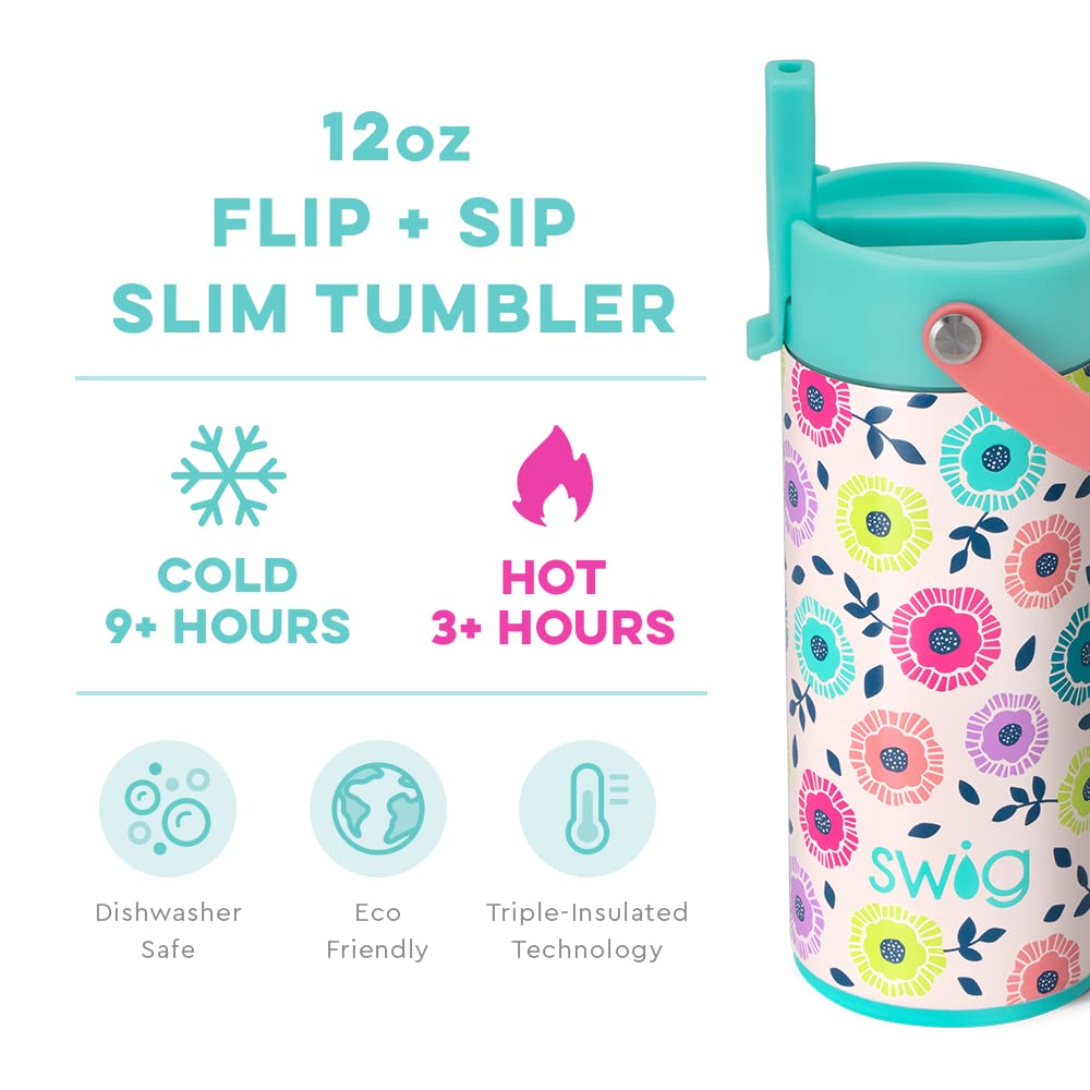 Swig Life 12oz Insulated Water Bottle for Kids with Straw & Flip + Sip Handle, Dishwasher Safe, Cup Holder Friendly Stainless Steel Water Bottle for Girls and Boys (Dipsy Daisy)