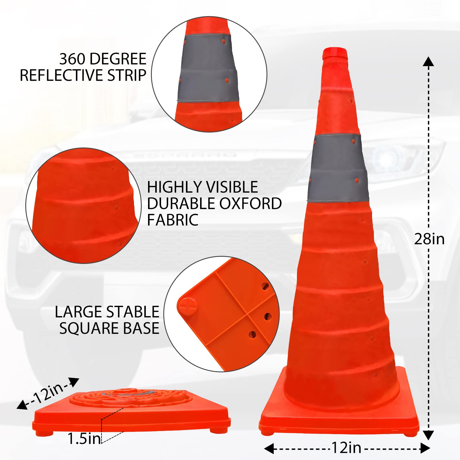 4 Pack Collapsible Traffic Cones, 28 Inch Road Parking Orange Safety Cones, Multi-Purpose Construction Cones with Reflective Strips and Stable Base, Perfect for Driving Training & Remind People