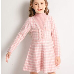 SMILING PINKER Girls Dresses Houndstooth Knitted Sweater Flare Winter Dress Mock Neck (Pink, 8-9 Years)