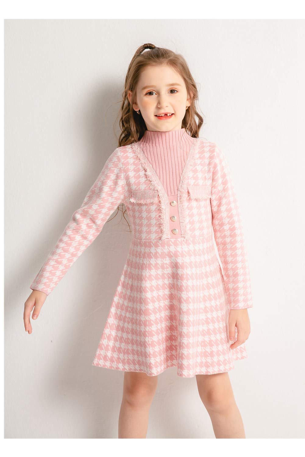 SMILING PINKER Girls Dresses Houndstooth Knitted Sweater Flare Winter Dress Mock Neck (Pink, 8-9 Years)