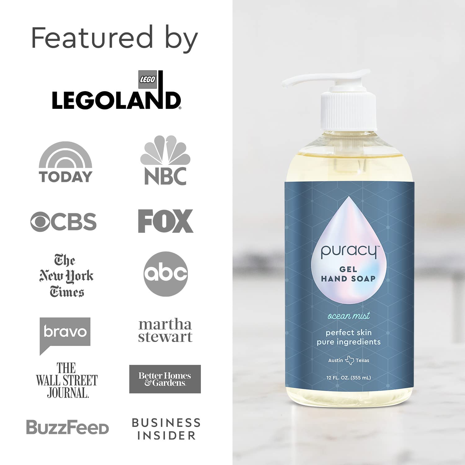 Puracy Gel Hand Soap - Perfect Skin, Pure Ingredients - with 15+ SuperPlant Ingredients for Clean, Soft, Smooth Skin, 99.09% from Mother Nature, Gently Scented Hand Wash, Ocean Mist, 12 Ounce (2-Pack)