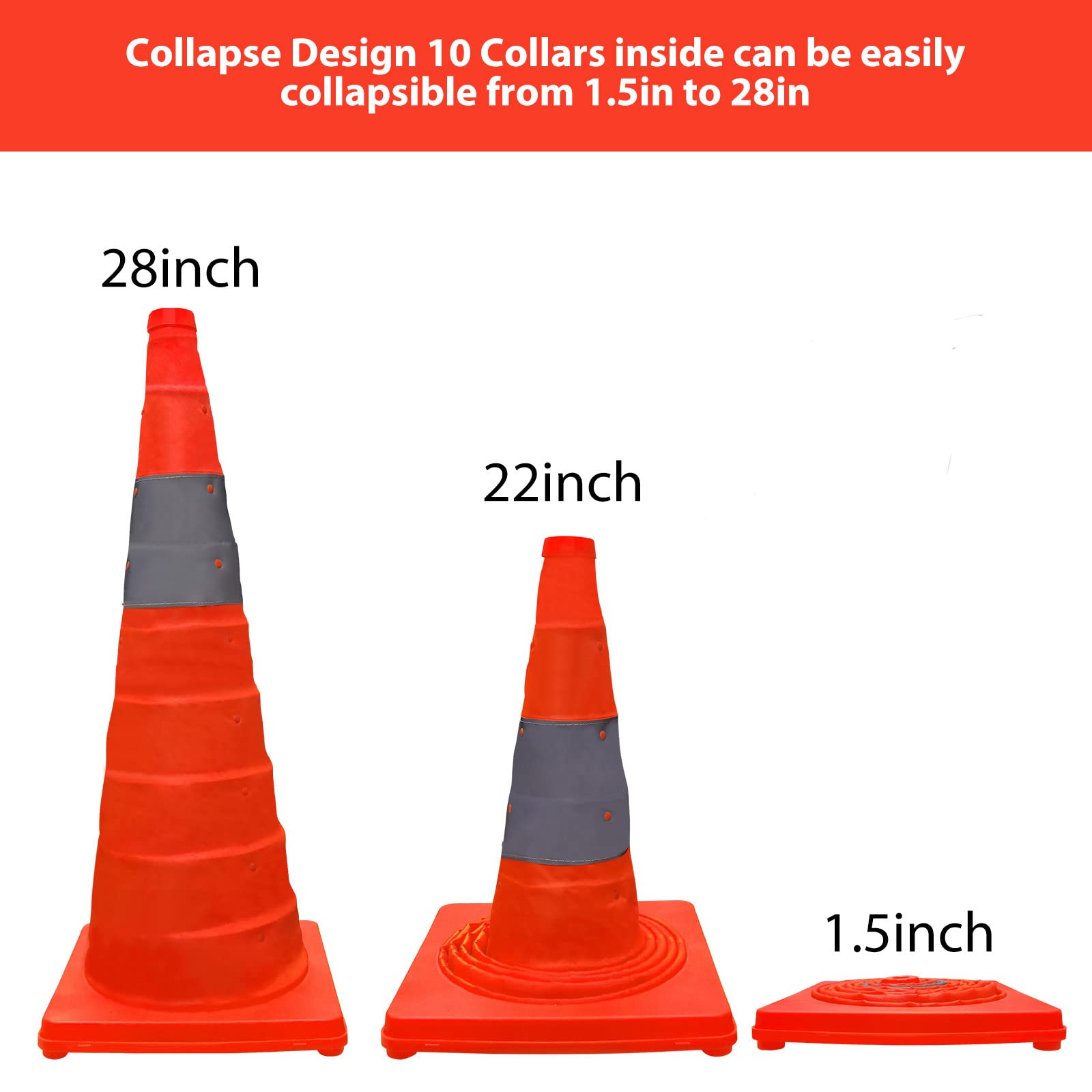 4 Pack Collapsible Traffic Cones, 28 Inch Road Parking Orange Safety Cones, Multi-Purpose Construction Cones with Reflective Strips and Stable Base, Perfect for Driving Training & Remind People